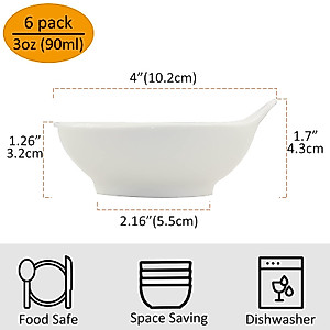 Belinlen 3 Ounce 6 Pack Porcelain Soy Sauce Dish Ceramic Dip Bowls Set Porcelain Dip Mini Bowls Soy Sauce Dish/Bowls with Handles - Good for Tomato Sauce, Soy, BBQ and Other Party Dinner (White)