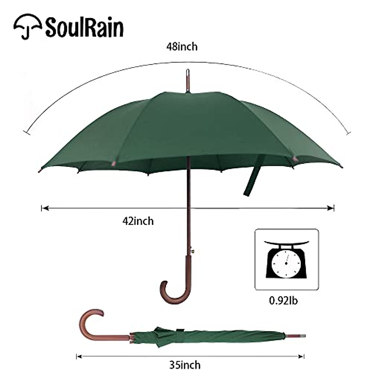 SoulRain 48" Arc Classic Wood Handle Umbrella Auto Open Windproof Unbreakable Stick Rain Umbrella (Hunter Green)