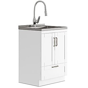 SIMPLIHOME Reed Transitional 24 Inch Deluxe Laundry Cabinet with Pull-out Faucet and Stainless Steel Sink in White, For the Laundry Room and Utility Room