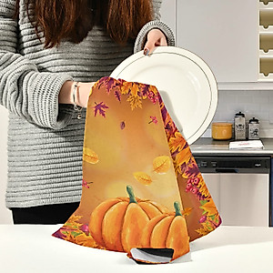Fall Pumpkin Maple Leaves Dish Towel Cloth Happy Thanksgiving Day Harvest Autumn Kitchen Bath Hand Towel 18x28 Super Absorbent Lint Free Cleaning Cloths Tea Bar Soft Towel Kitchen Accessories Set of 1