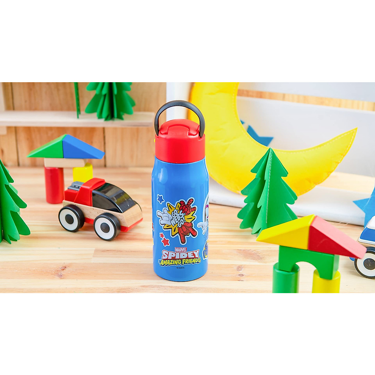 Zak Designs Marvel Spidey And His Amazing Friends Vacuum Insulated Stainless Steel Kids Mesa Water Bottle with Flip-Up Straw and Locking Spout Cover, Durable Cup for Sports or Travel (13.5oz, 18/8 SS)