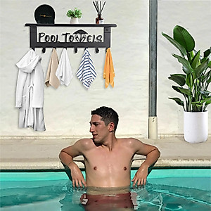 IBosins Pool Towel Rack with Shelf, Outdoor 8 Hooks Towel Holder Wall Mounted, Towel Hanger for Hanging Bathrobes, Towels, Clothes - Perfect Pool Area Outside Sign and Decor (Black)