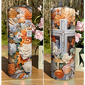 CERMELUS 3D Wrap Christian Jesus Cross 20oz Skinny Tumbler, Stainless Steel Double Wall Insulated Cup With Lid And Straw Multi, Bible Christian Tumbler, Gifts for Women, Mom, Daughter, Friends