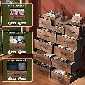 Lulive Dresser for Bedroom with 12 Drawers, Tall Dresser Chest of Drawers with Side Pockets and Hooks, Fabric Dresser Storage Tower for Closet, Hallway, Living Room (Rustic Brown)