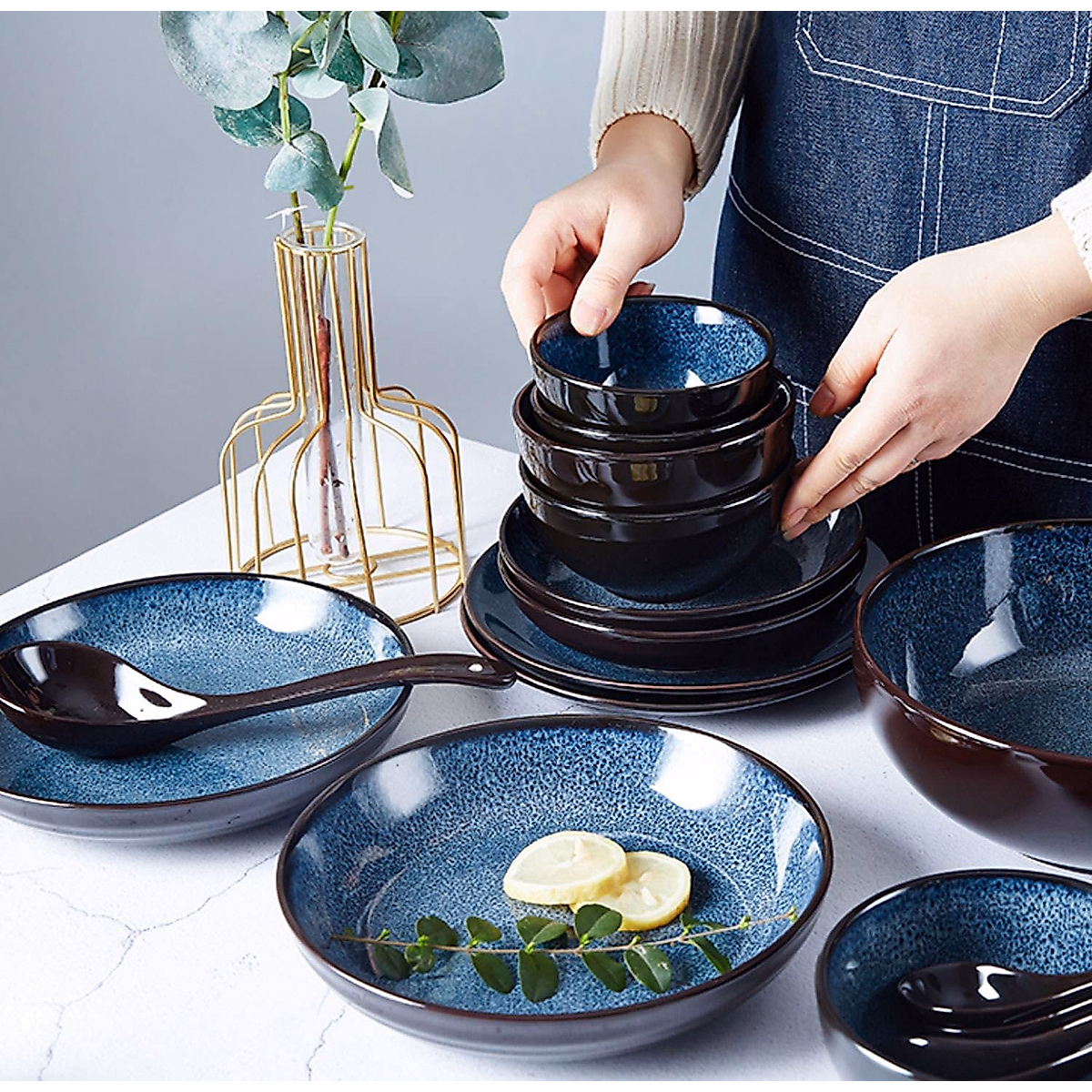 GagalU Porcelain Dinnerware SetDark Night Starry Sky56 Pieces Light Luxury Dinnerware Set Service for 6-8, Anti-Scalding Ceramics Bowl and Plate Combination