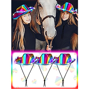 Halfchet 3 Pcs Rainbow Pride Light up LED Cowboy Hat LGBTQ Cowboy Cowgirl Hat for Gay Pride Events Pride Party Supplies