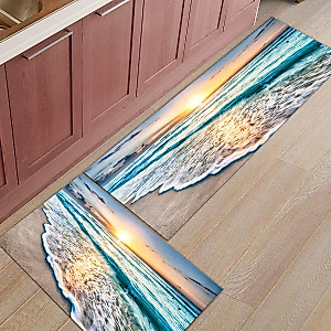 SODIKA Anti Fatigue Kitchen Rug Comfort Floor Non Slip Kitchen Mats and Rugs for Floor Home, Office, Sink, Laundry - Ocean Theme Sand Beach Wave Sea Water Pattern (15.7"x23.6"+15.7"x47.2" inches)