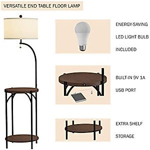 MDYBF Floor Lamp with Table, Modern Rustic Side Table with USB Charging Port, LED Bulb and Drum Shade. (Dark Brown, Black and Off-White)