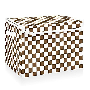 CaTaKu Chess Board Brown Storage Bins with Lids and Handles, Fabric Large Storage Container Cube Basket with Lid Decorative Storage Boxes for Organizing Clothes