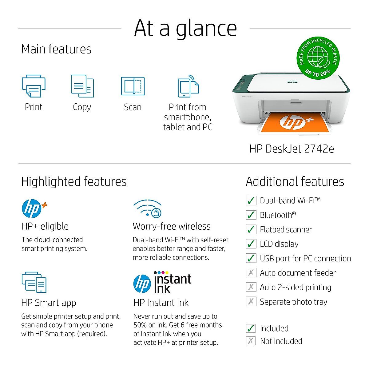 HP DeskJet 27 42e Series Wireless Inkjet Color All-in-One Printer - Print Copy Scan - Mobile Printing - USB Connectivity - Up to 7 ISO PPM - Up to 4800 x 1200 DPI - Sequoia + HDMI Cable