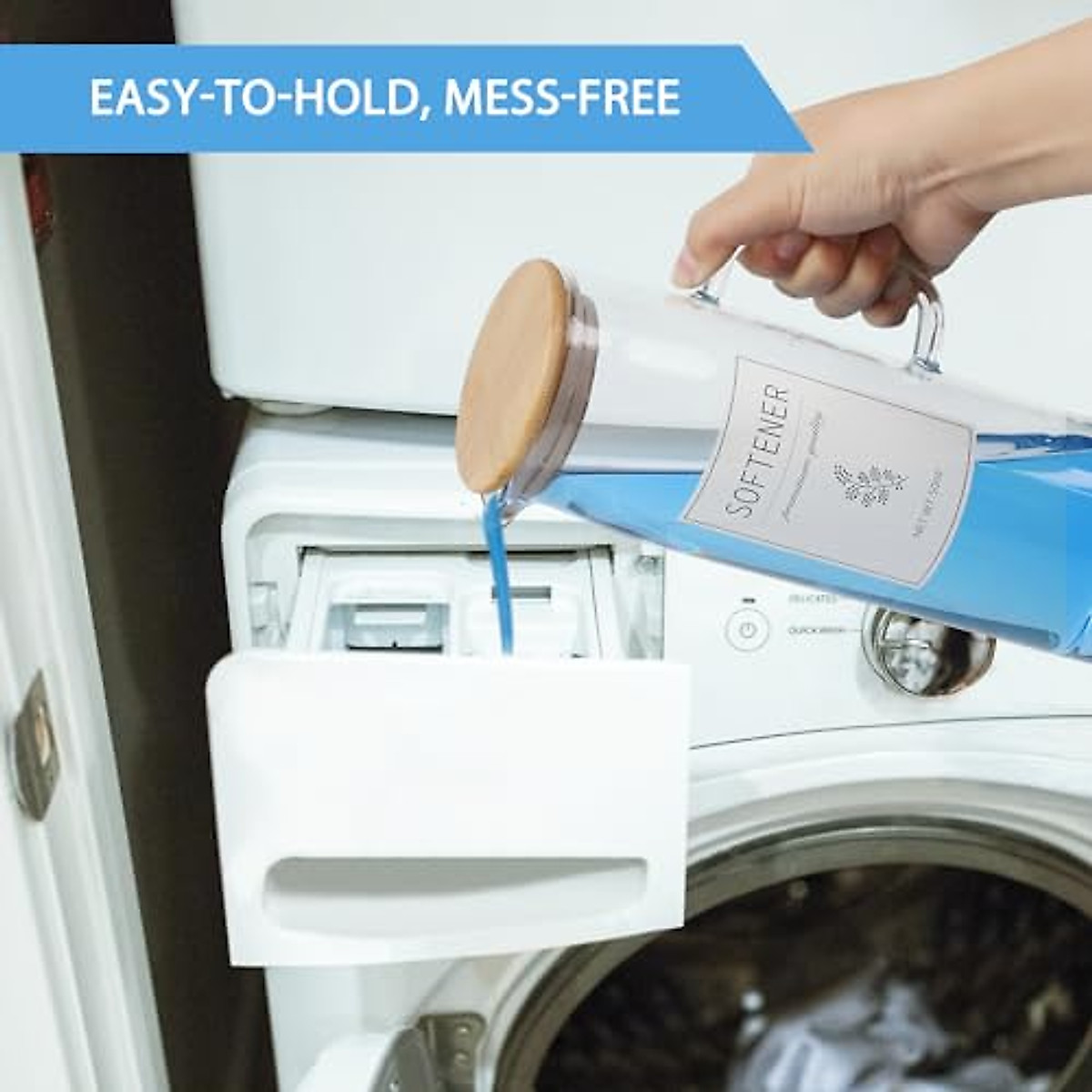 KitHero Laundry Detergent Dispenser Set with Bamboo Lids and Handles - Easy Pour 2 Pack 50 oz Liquid Laundry Containers for Laundry Room Organization and Storage