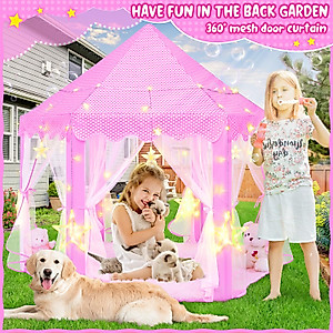 KIXINWA Pink Princess Tent for Girls, Kids Play Tent with LED Large Star Lights, Castle Playhouse Tent for Children Toddlers Indoor Outdoor Games, 55×53 Inches