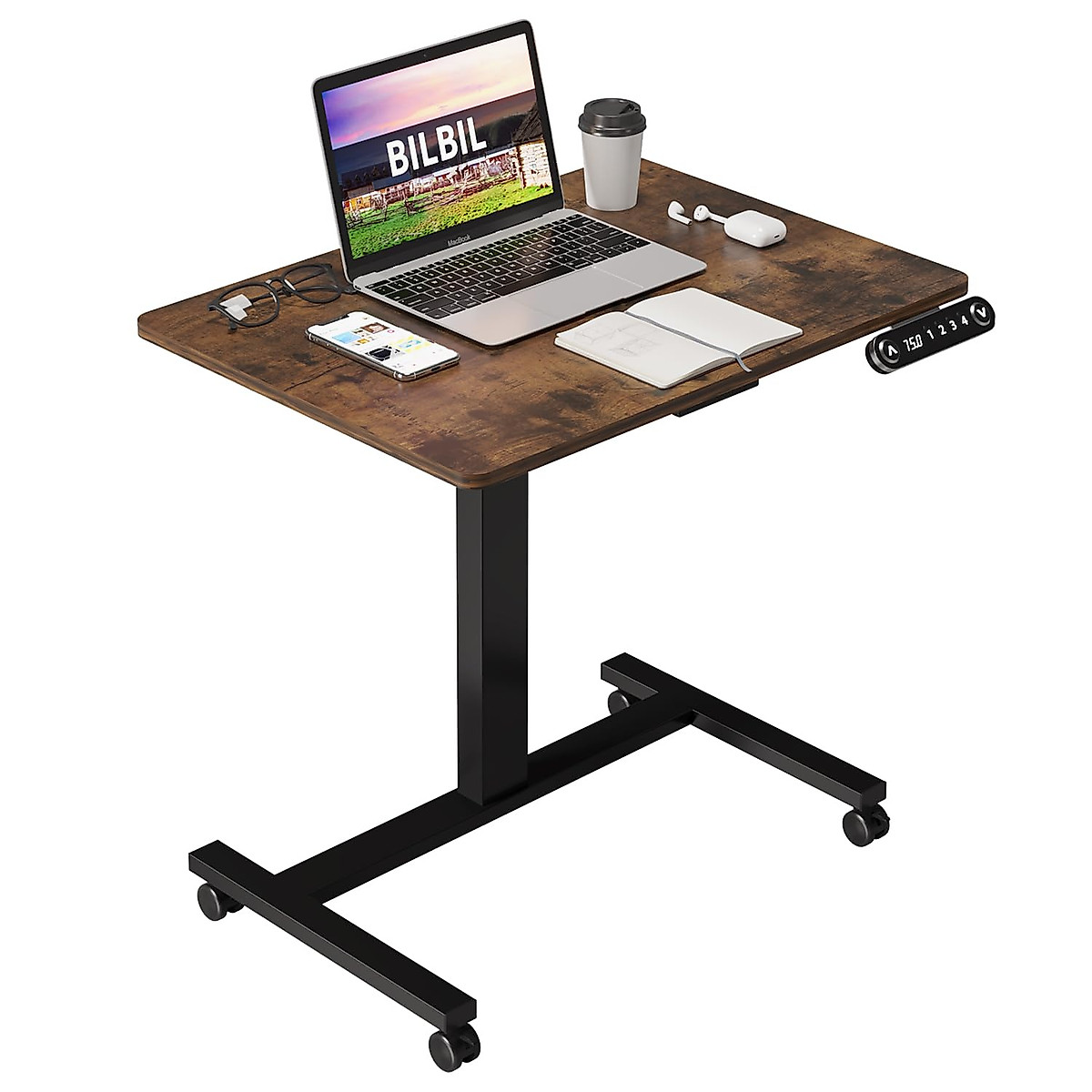BilBil Electric Standing Desks with Lockable Wheels, 32*24 inch Height Adjustable Sit to Stand Desk, Overbed Laptop Table Desk, Mobile Rolling Desk, Portable Work Table for Home & Office, Rustic Brown