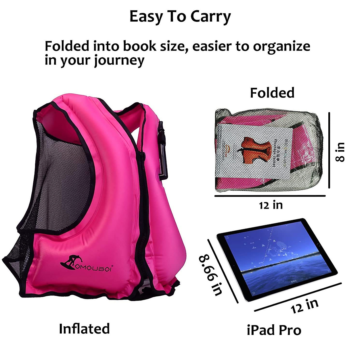 OMOUBOI Inflatable Snorkel Vest Kayak Inflatable Buoyancy Vest for Adults Snorkel Jackets for Swimming Snorkeling Paddling Boating Water Sports Beginner Adults-Only 105-220 lbs