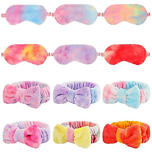Kajaia 12 Pcs Sleepover Party Favors for Woman, Spa Headband for Washing Face Bow Makeup Headbands, Plush Sleep Eye Mask for Single Women Spa Pajama Party Supply(Tie Dye)