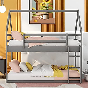 Twin Over Twin Low Bunk Bed, Wood House Bunk Bed Frame with Ladder, Guardrail and Roofs Floor Bunk Bed for Kids, Teens, Girls, Boys,Gray