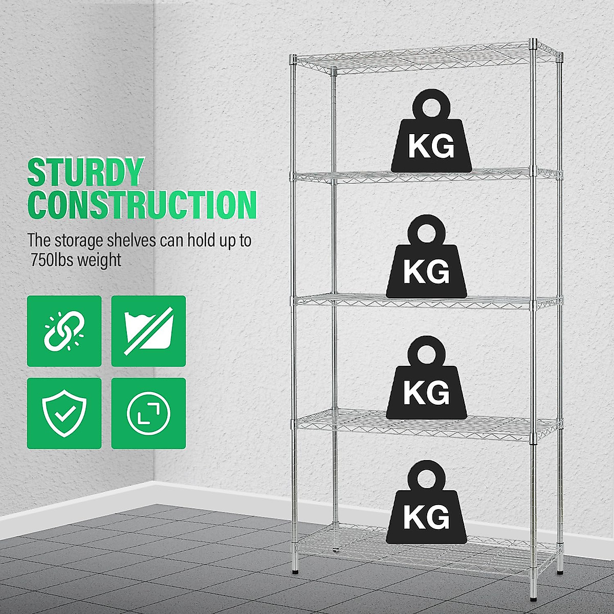 Dopinmin 5-Tire Wire Shelving Unit Household Commercial Metal Shelf NSF Heavy Duty Adjustable Utility Rolling Steel Garage Storage Shelves Metal Shelving，Chrome