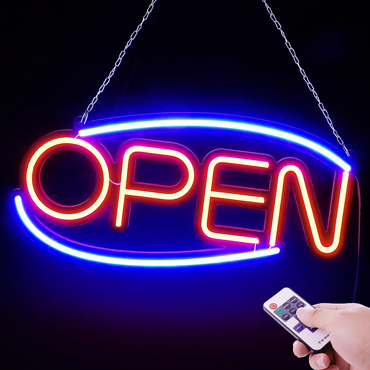 LED Neon Open Sign for Business, YHomU 24" x 12" Large LED Business Neon Open Sign, Remote Control Bright Light Sign with Dimmer & 8 Dynamic Effects, Business Open Sign for Cafes Stores
