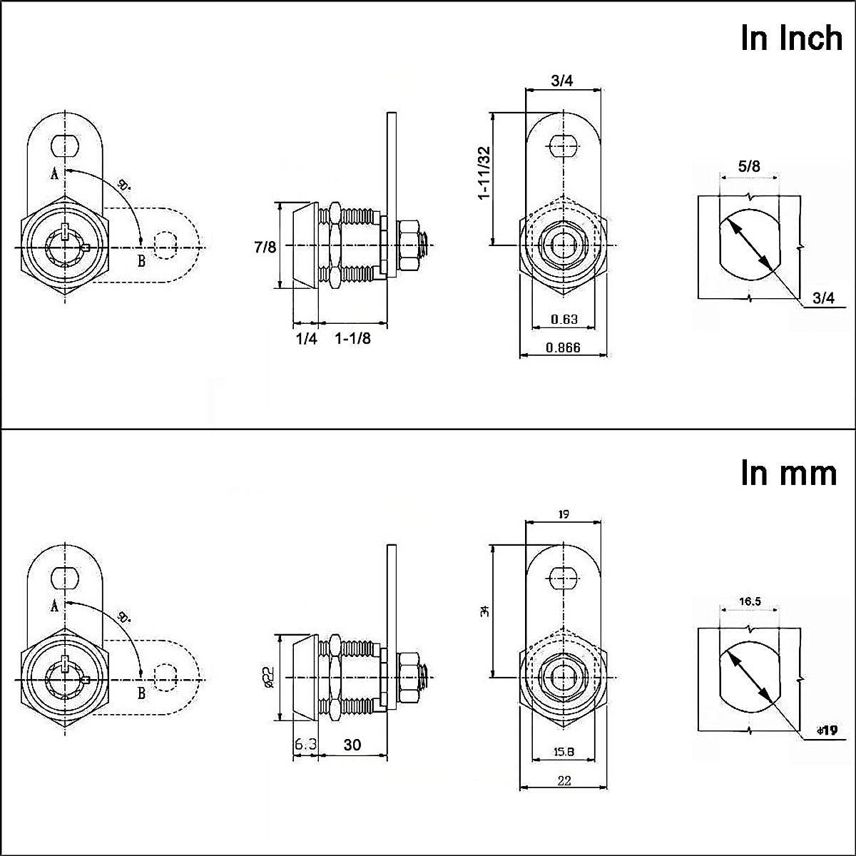 WOOCH Tubular Cam Lock Cabinet Lock,Keyed Alike Removable Key, 1-1/4" Cam and Offset Cam (1-1/8 Inch 90°, Chrome Finish, 4 Pack)