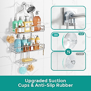 HAMITOR Adjustable Large Shower Organizer with Soap Holder - Rust Proof Bathroom Shelf Shampoo Storage Rack with 3-Tier Baskets - 4 Movable Hooks for Razor Loofah Silver