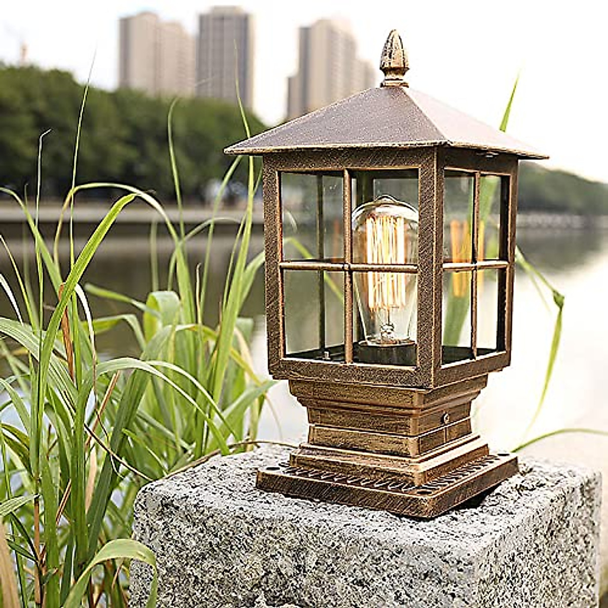 CZLZY European Style E27 Pillar Lamp Outdoor Courtyard Fence Post Light Waterproof IP54 Glass Lampshade Garden Lawn Decoration Column Light Base Landscape Light Pillar Pole Lamp