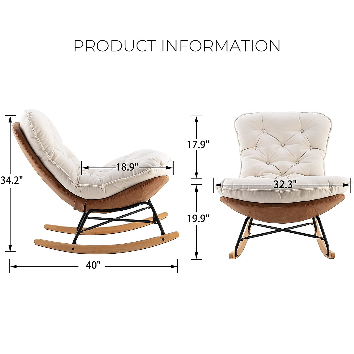 LZAREAL Rocking Boho Glider Chair for Nursery Comfy Accent Chairs for Living Room/Bedroom, Side Rocker Chair with Back Tufted Design Upholstered Fabric Padded Seat with Solid Wood Base, Linen-Cream