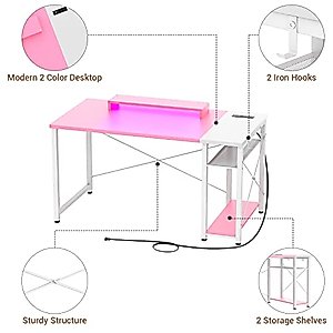 armocity 47 Gaming Computer Desk with LED Lights, Power Outlet and USB, Reversible Laptop Table with Moveable Monitor Stand for Small Spaces, Office, Gaming Room, Pink and White