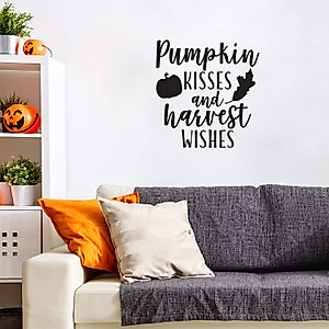 Vinyl Wall Art Decal - Pumpkin Kisses and Harvest Wishes - 23" x 22" - Autumn Fall Season Trendy Seasonal Quote Sticker for Home Work Office Coffee Shop Store Shopfront Window Door Decor (Black)