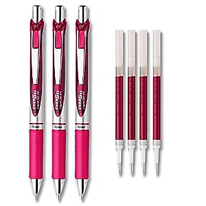 Pentel EnerGel Deluxe RTX Liquid Gel Ink Pen Set Kit, Pack of 3 with 4 Refills (0.7mm) (Pink)