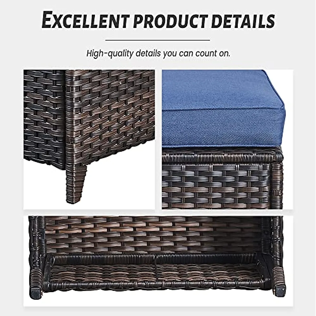 Outdoor Furniture Ottoman Set of 2 Patio Seating Footstool All-Weather Rattan Wicker Ottoman Seat with Soft Cushions for Patio Furniture Set