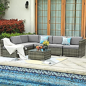 YITAHOME 7 Piece Outdoor Patio Furniture Sets, Garden Conversation Wicker Sofa Set, and Patio Sectional Furniture Sofa Set with Coffee Table and Cushion for Lawn, Backyard, and Poolside, Gray Gradient