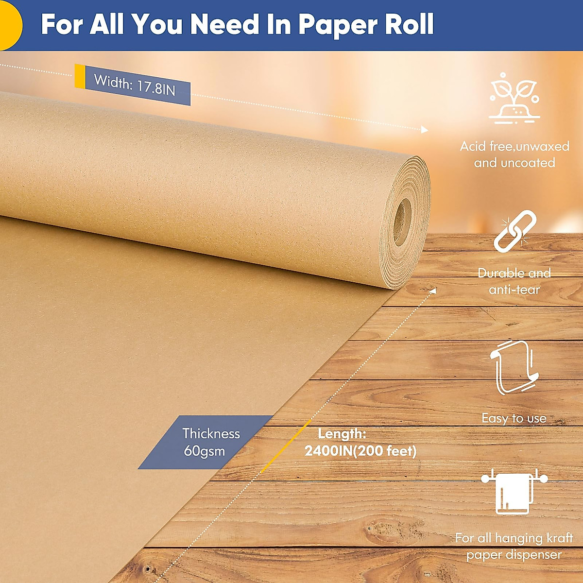 Vanhench Brown Large Kraft Paper Roll 17.8"x 2400", Craft Paper Roll for Bulletin Board Kids Arts Crafts Packing Wrap Moving Shipping Poster Floor Covering Crafting Drawing Craft Table