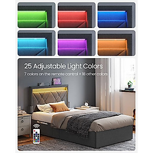 VASAGLE LED Bed Frame Twin Size with Headboard and 4 Drawers, 1 USB Port and 1 Type C Port, Adjustable Upholstered Headboard, No Box Spring Needed, Dark Grey URMB823G71