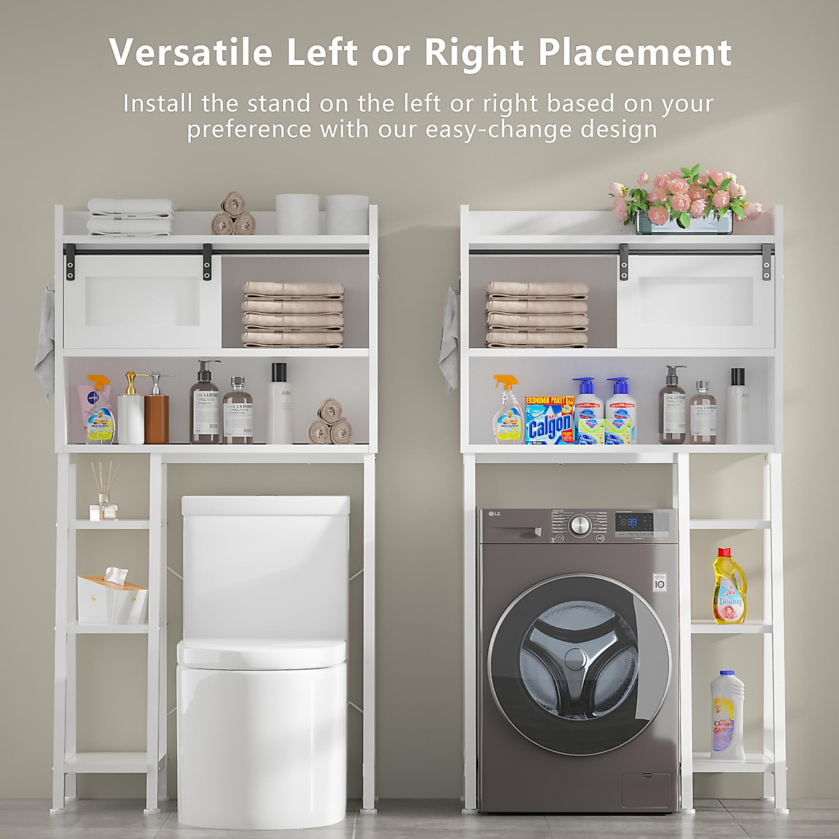 MU Over The Toilet Storage Cabinet with Sliding Door, 32.5" W Free Standing Toilet Shelf Space Saver with 3 Side Hooks & Anti-Tip Design, Space-Saving Toilet Rack for Bathroom, Laundry, White