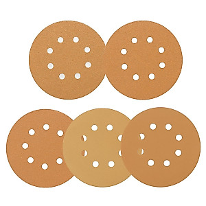 SUPBICCO 50 PCS 5 Inch 8 Hole Sanding Discs Hook and Loop, 60 80 120 220 320 Assorted Grits Sand Paper Disc for Random Orbital Sander, Gold Sandpaper Pads for Automotive and Woodworking