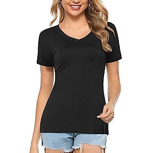 Amoretu Womens T Shirts Short Sleeve V Neck Casual Plain Summer Tops Black S
