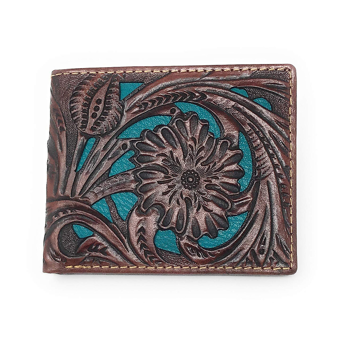 Western Genuine Tooled Leather Laser Cut Men's Bifold Short Wallet in 8 Colors (Coffee/Turquoise)