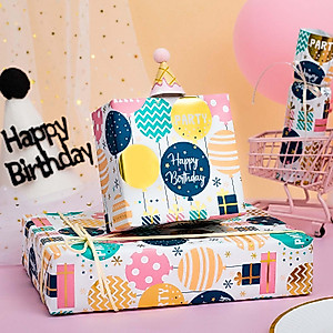 Homeral Birthday Wrapping Paper Roll-46.8sq.ft Birthday Gold Foil Balloon Design on Rich Mineral Paper Silk Touch for Birthday, Baby Shower, Party-17in x 33ft