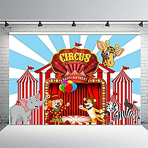MEHOFOND Circus Birthday Photo Studio Booth Background Red Stripes Animals Circus Carnival Kids Happy Birthday Party Decorations Backdrops Banner for Photography 7x5ft