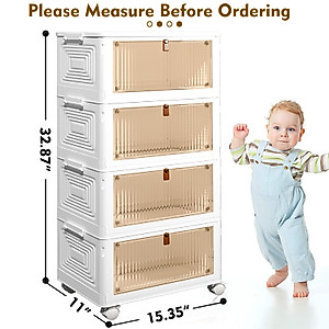 4 Tier Stackable Storage Bins with Lids, 23Qt Plastic Storage Containers with Magnetic Doors & Wheels, Convenient Storage Bins Closet Organizers, Household Organization for Home, Party, Office, Dorm