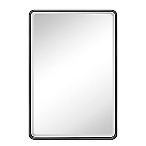 TEHOME Farmhouse Black Metal Framed Recessed Bathroom Medicine Cabinet with Mirror Rounded Rectangle Tilting Beveled Vanity Mirros for Wall 16x24 inch