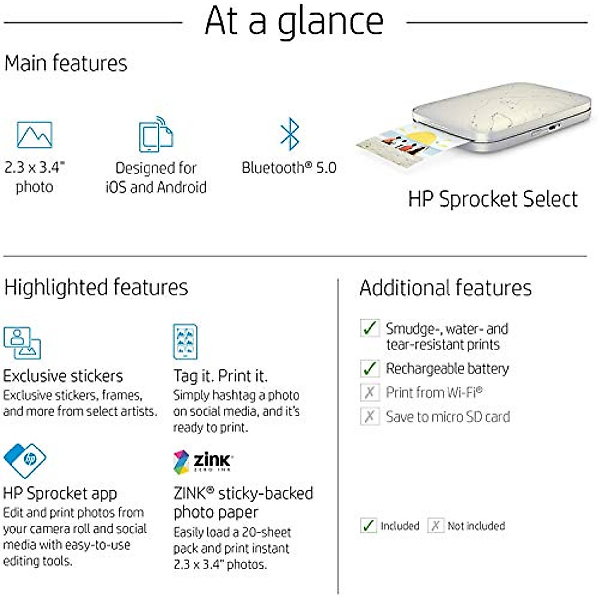 HP Sprocket Select Portable 2.3x3.4" Instant Photo Printer (Eclipse) Print Pictures on Zink Sticky-Backed Paper from your iOS & Android Device.