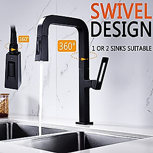 Kitchen Faucet with Pull Down Sprayer Square Shaped Brass Bar Sink Faucet Single Handle Kitchen Faucet, Matte Black
