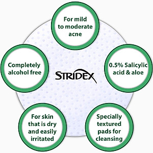 Stridex Medicated Acne Pads, Sensitive, 90 Count, Pack of 3 – Facial Cleansing Wipes, Alcohol-Free Face Pads, Acne Treatment for Face, For Mild to Moderate Acne, Smooth Application