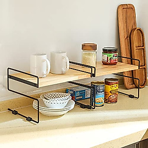 LINOVINO Cabinet Shelf Organizers, Kitchen Counter Organizer Rack Under Shelves Riser, Pantry Cupboard Storage Organization with Metal and Wood Combined, Black and Natural