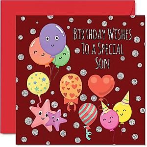 Fun Birthday Cards for Son - Birthday Balloons - Happy Birthday Card for Son from Mom or Dad, Son Birthday Gifts, 5.7 x 5.7 Inch Birthday Greeting Cards Gift for Son