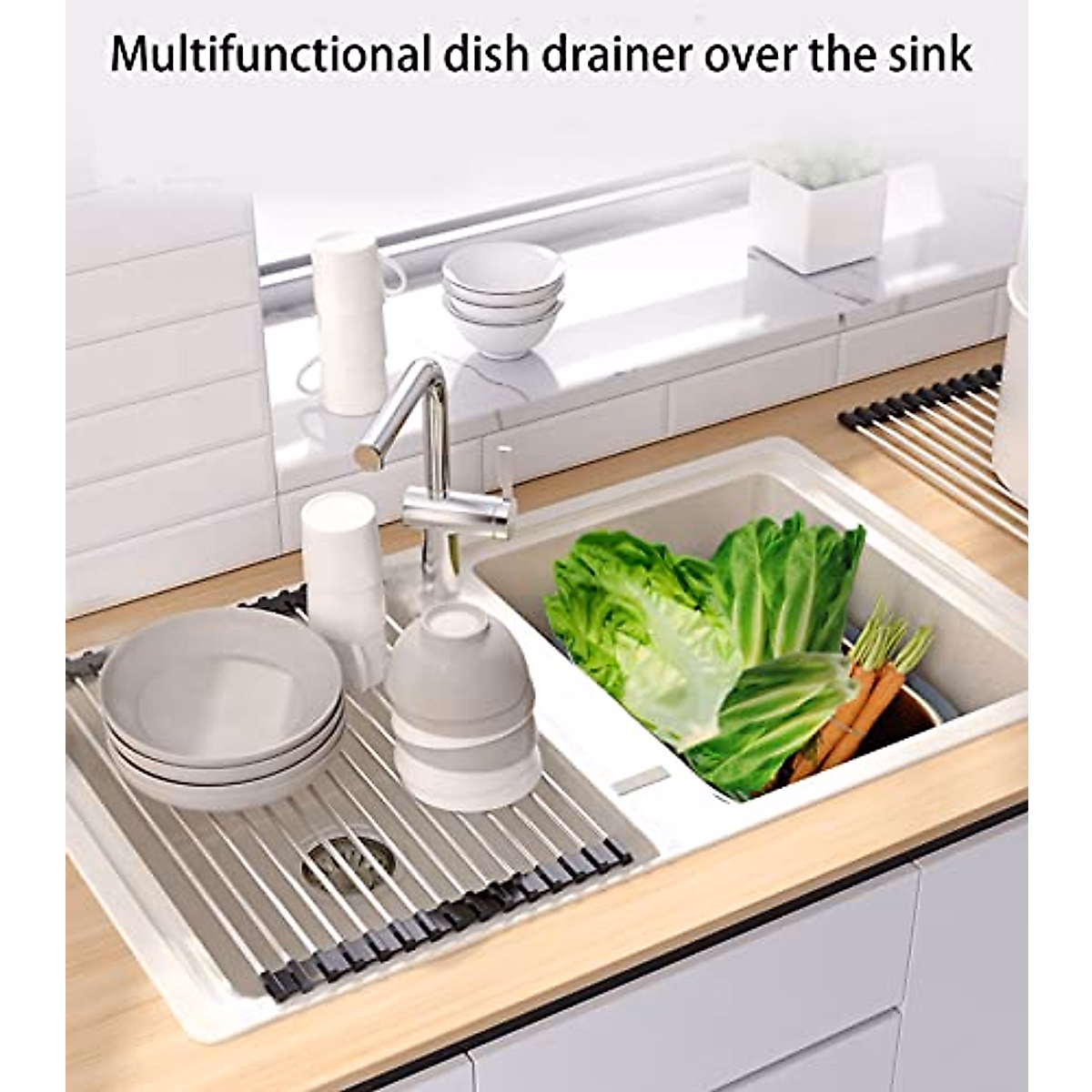 HEREOF Roll Up Dish Drying Rack for Kitchen Counter, Rolling Stainless Steel Sink Drying Mat Foldable Drainer for Kitchen Organization and Storage 17.5x11.8