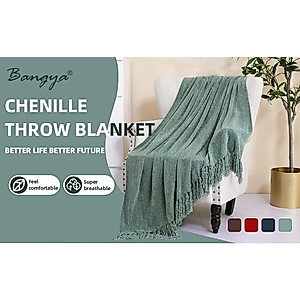 Bangya Sage Chenille Throw Blanket Soft Cozy Woven Fringe Tassel Throw Blenket for Sofa Couch Bed Home Living Room Decor (Sage,50" X 60")