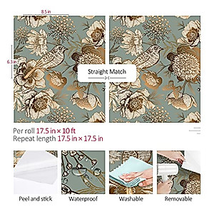ReWallpaper Vintage Gold Floral Wallpaper Garden Bird Flower Peel and Stick Wallpaper for Bedroom Accent Wall 17.5in X 10ft Dark Cyan Teal Contact Paper for Cabinets Peel & Stick Vinyl Wall Paper
