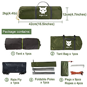 Night Cat Backpacking Tent for One 1 to 2 Persons Lightweight Waterproof Camping Hiking Tent for Adults Kids Scouts Easy Setup Single Layer 2.2x1.2m